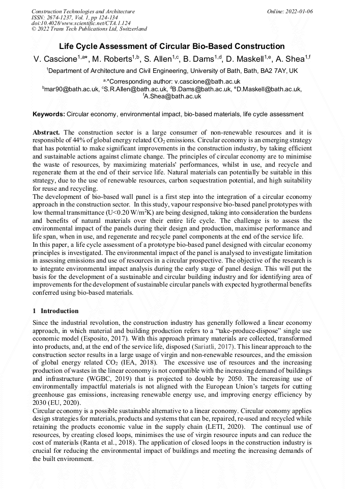 Life Cycle Assessment of Circular Bio-Based Construction | Scientific.Net
