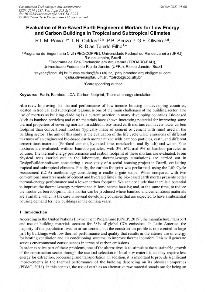 Evaluation of Bio-Based Earth Engineered Mortars for Low Energy and Carbon Buildings in Tropical ...