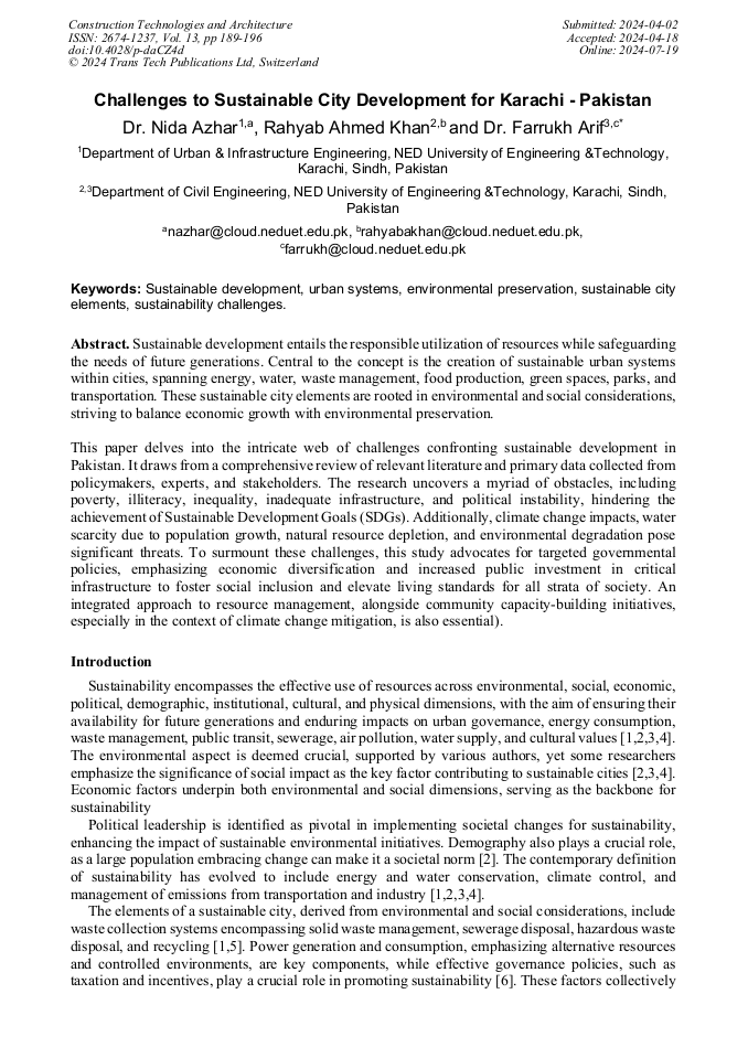 Challenges to Sustainable City Development for Karachi - Pakistan ...