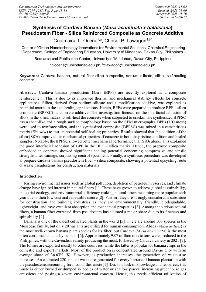 Synthesis of Cardava Banana (Musa acuminata x balbisiana) Pseudostem ...