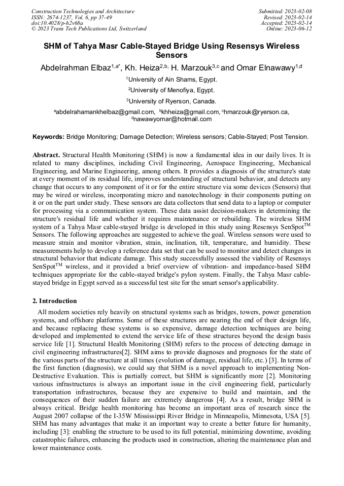 SHM of Tahya Masr Cable-Stayed Bridge Using Resensys Wireless Sensors | Scientific.Net