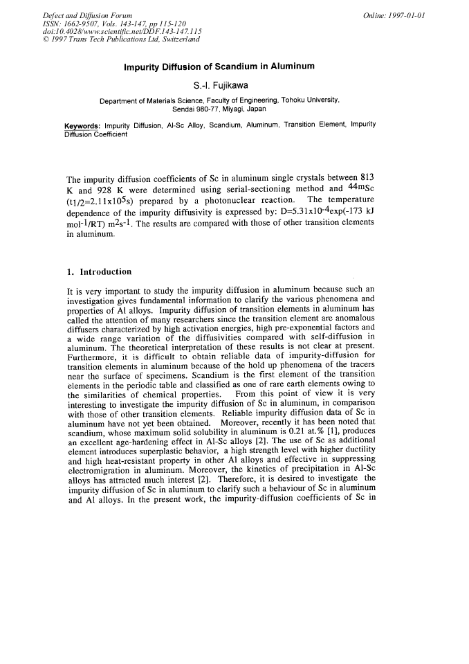 Impurity Diffusion of Scandium in Aluminium | Scientific.Net