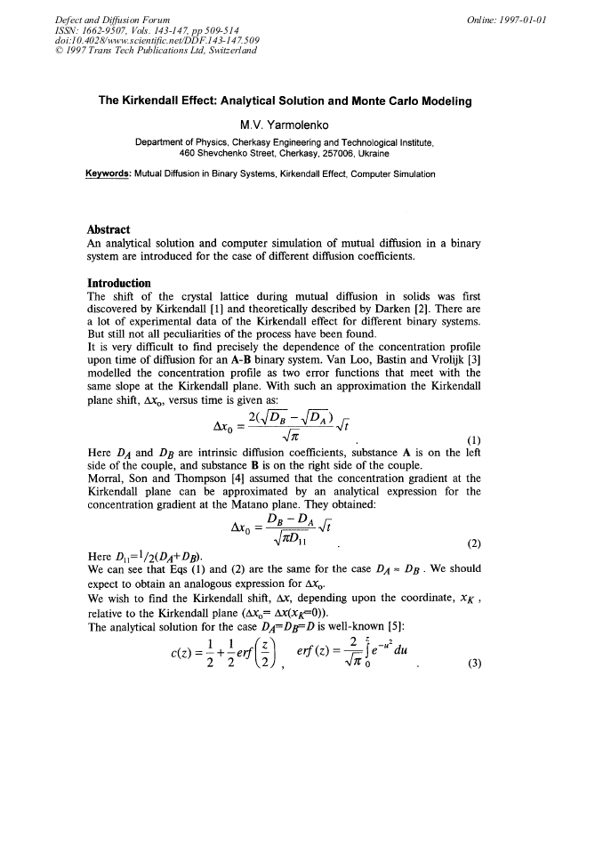 The Kirkendall Effect: Analytical Solution and Monte Carlo Modeling ...
