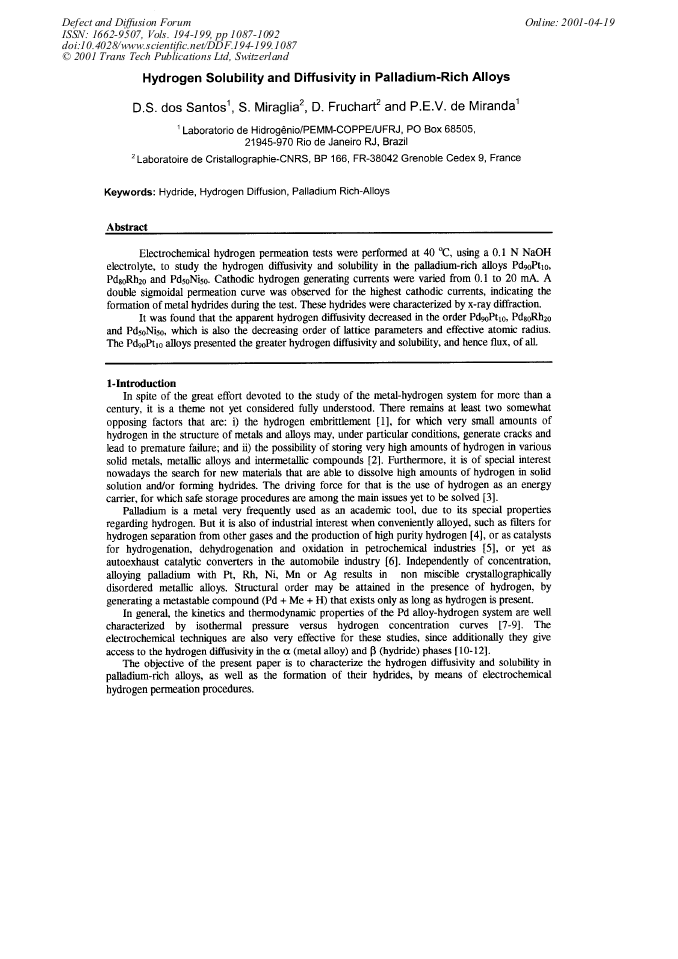 Hydrogen Solubility and Diffusivity in Palladium-Rich Alloys | Scientific.Net