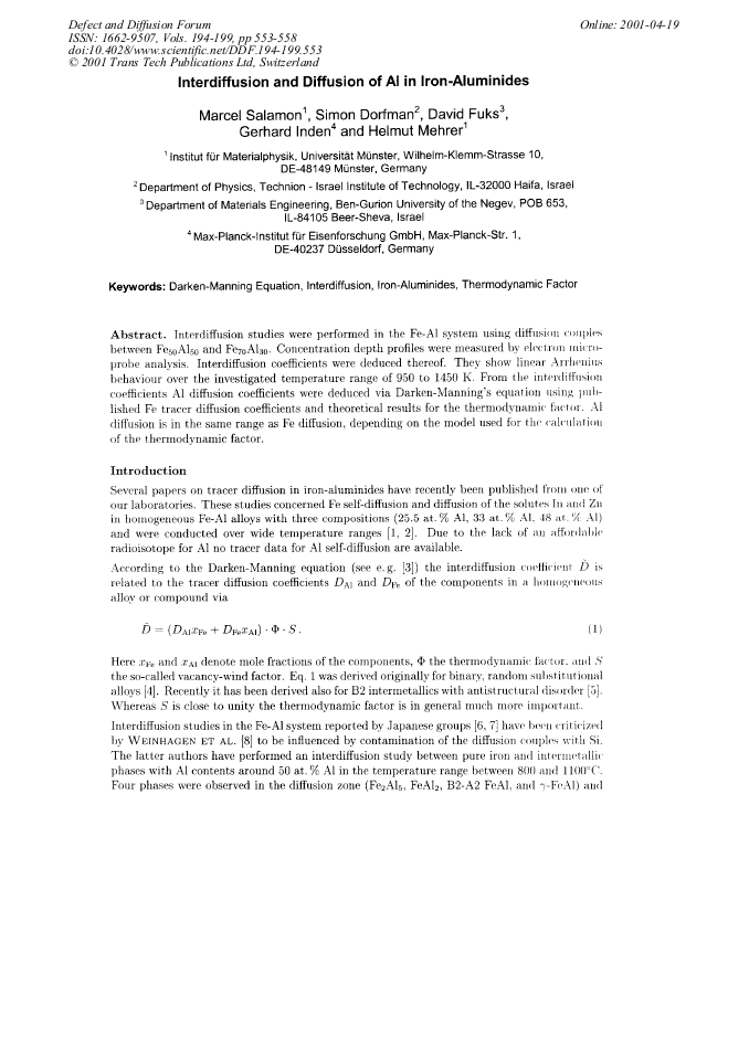 Interdiffusion and Diffusion of Al in Iron-Aluminides | Scientific.Net