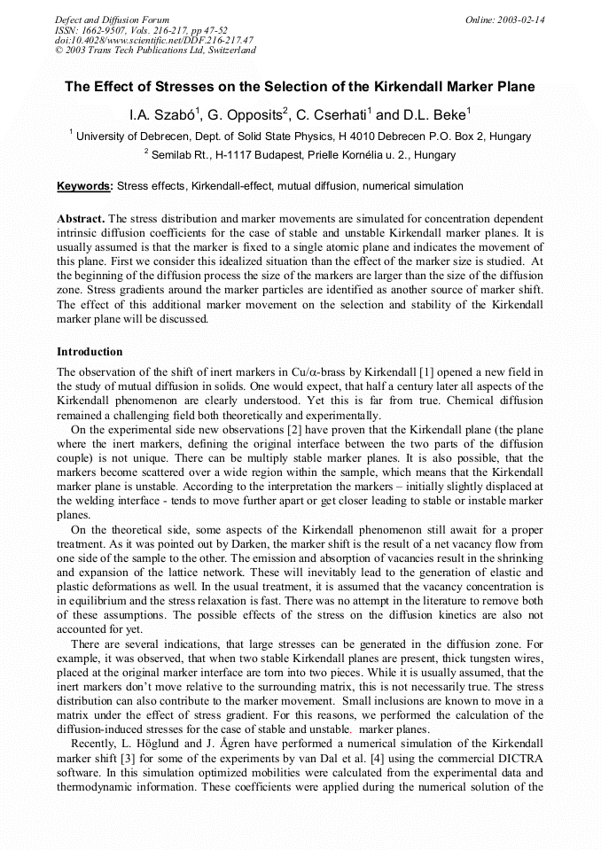 The Effect of Stresses on the Selection of the Kirkendall Marker Plane ...
