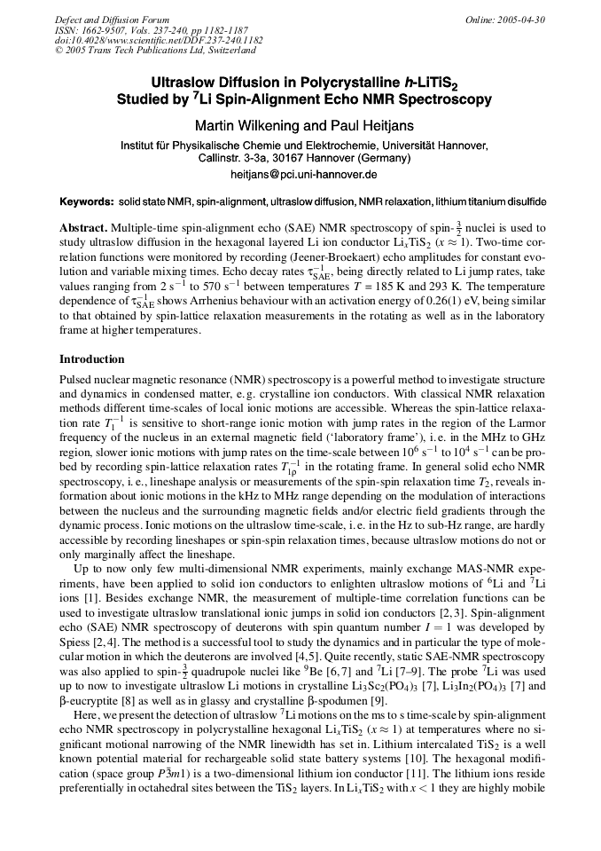 Ultraslow Diffusion in Polycrystalline h-LiTiS2 Studied by 7Li Spin ...