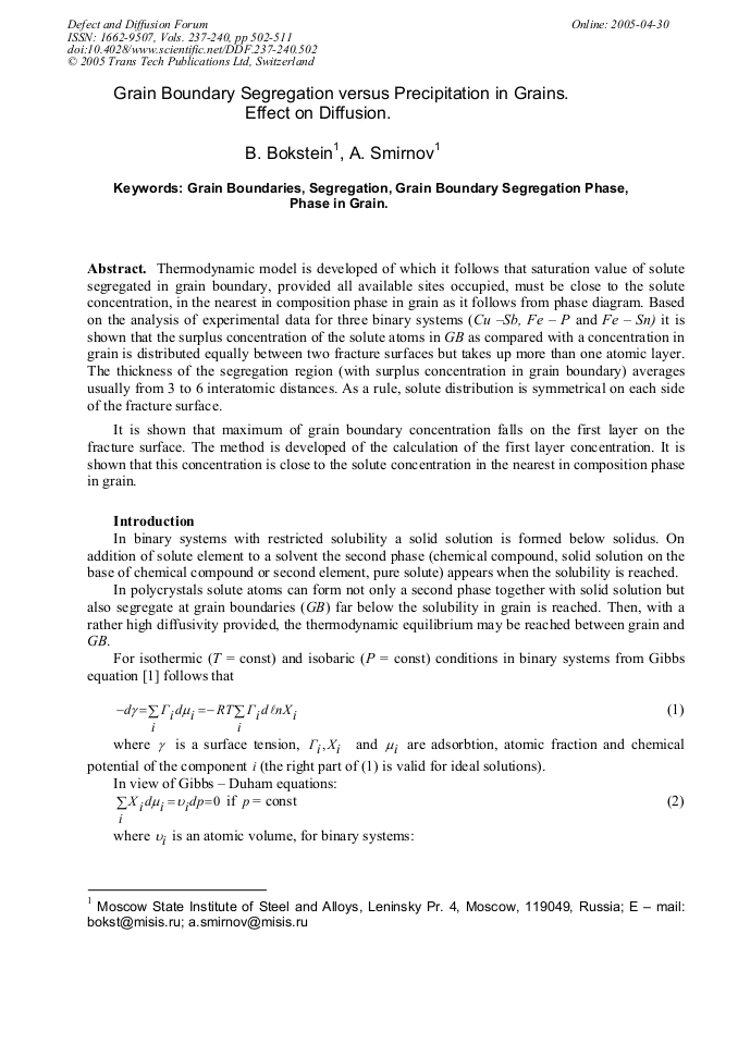 Grain Boundary Segregation Versus Precipitation in Grains. Effect on ...