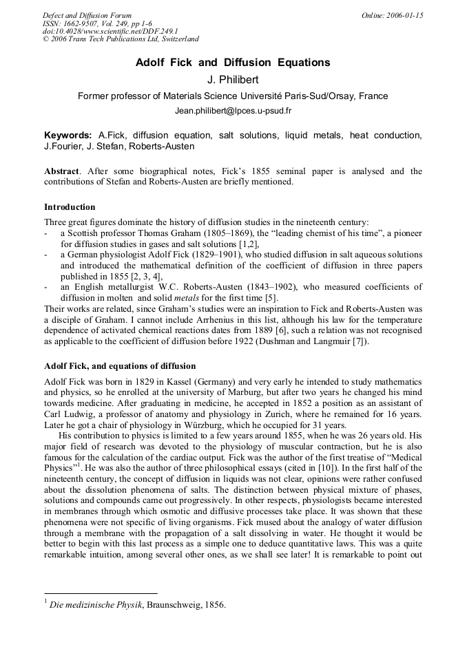 Adolf Fick and Diffusion Equations | Scientific.Net