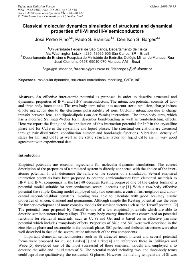 Classical Molecular Dynamics Simulation of Structural and Dynamical ...