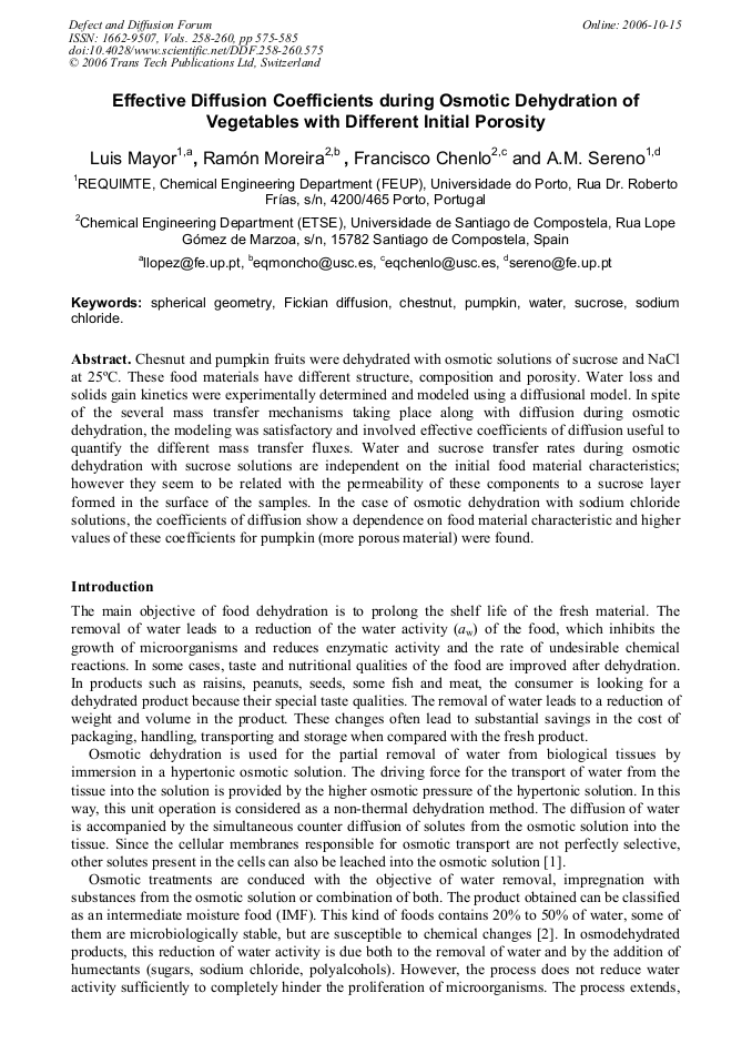 Effective Diffusion Coefficients during Osmotic Dehydration of Vegetables with Different Initial ...
