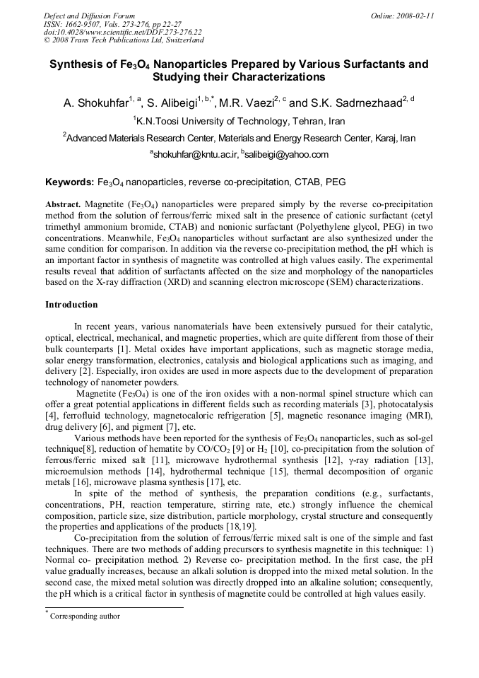 Synthesis of Fe3O4 Nanoparticles Prepared by Various Surfactants and ...