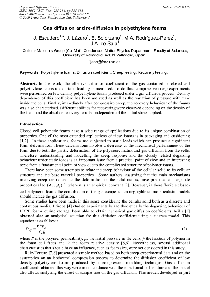 Gas Diffusion and Re-Diffusion in Polyethylene Foams | Scientific.Net