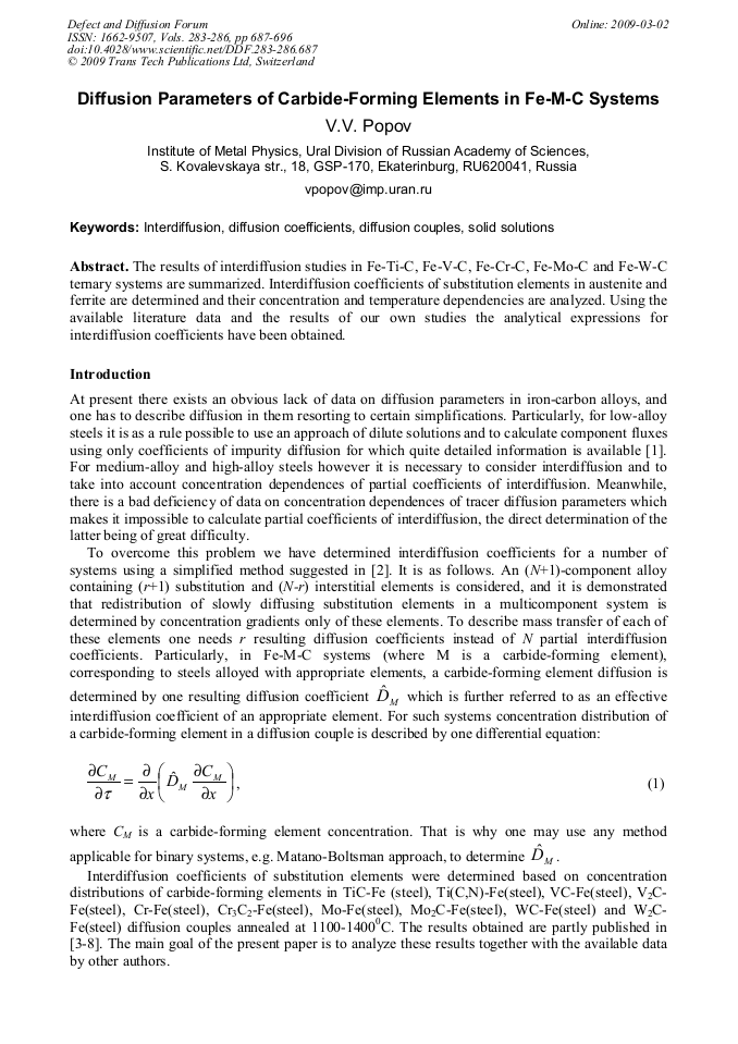 Diffusion Parameters of Carbide-Forming Elements in Fe-M-C Systems ...