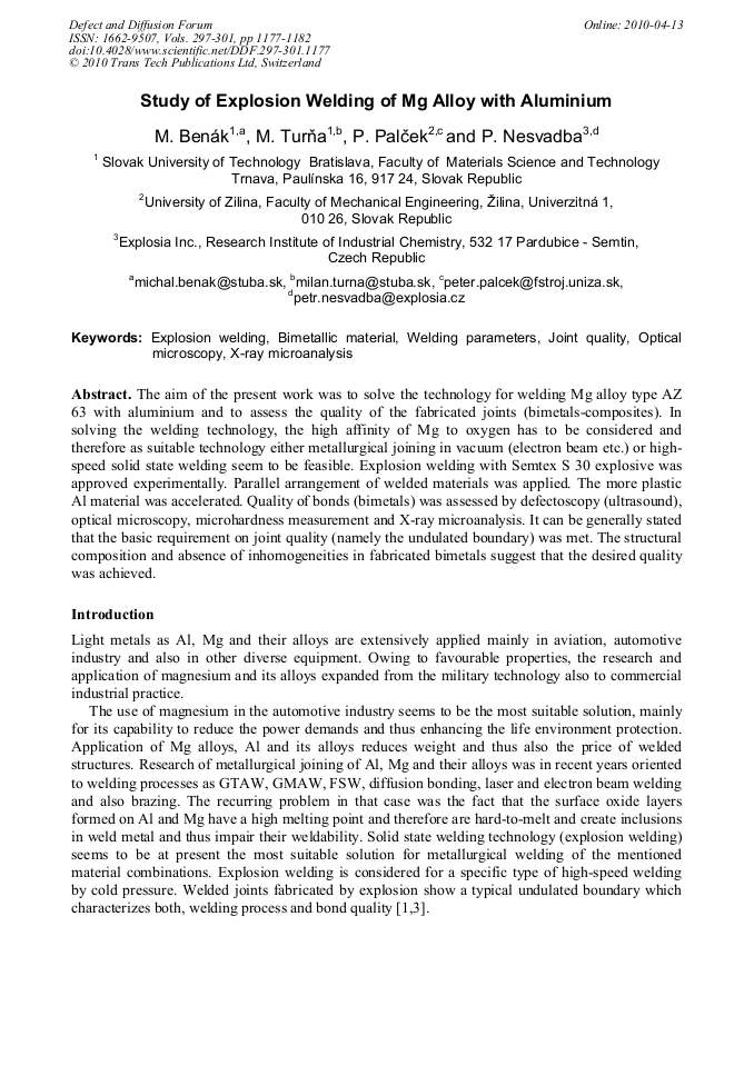 Study of Explosion Welding of Mg Alloy with Aluminium | Scientific.Net