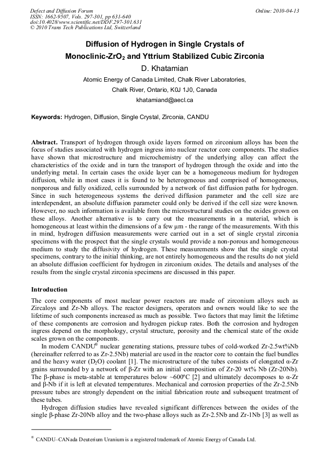 Diffusion of Hydrogen in Single Crystals of Monoclinic-ZrO2 and Yttrium ...