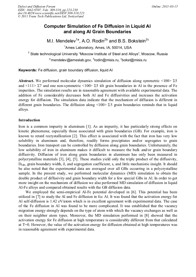 Computer Simulation of Fe Diffusion in Liquid Al and along Al Grain Boundaries | Scientific.Net