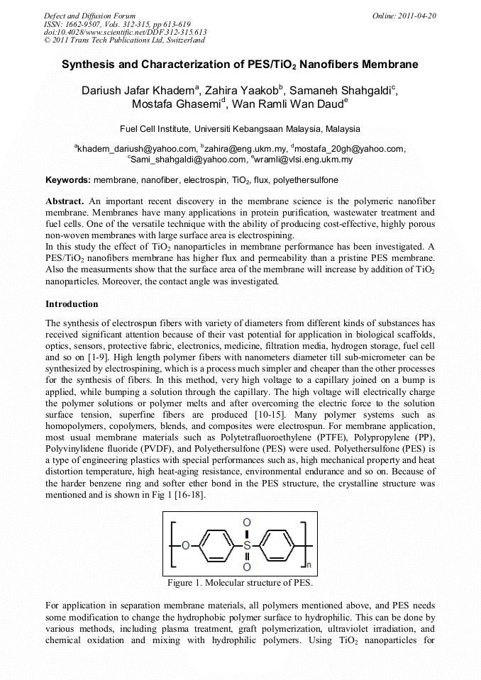 Synthesis and Characterization of PES/TiO2 Nanofibers Membrane ...