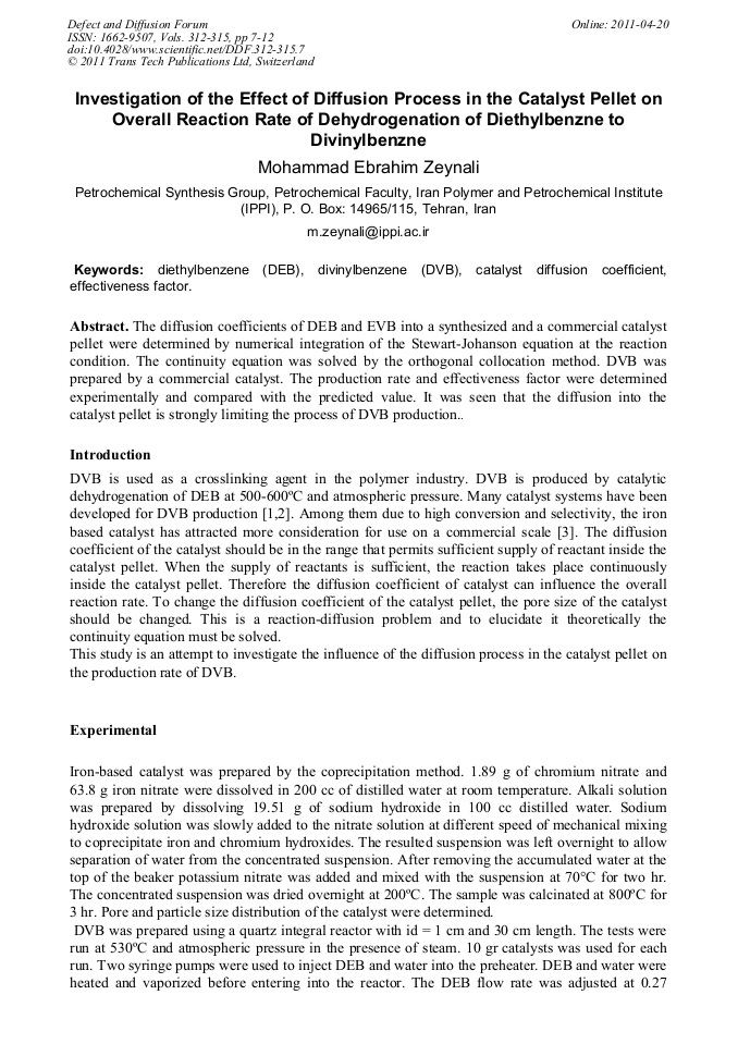 Investigation of the Effect of Diffusion Process in the Catalyst Pellet ...