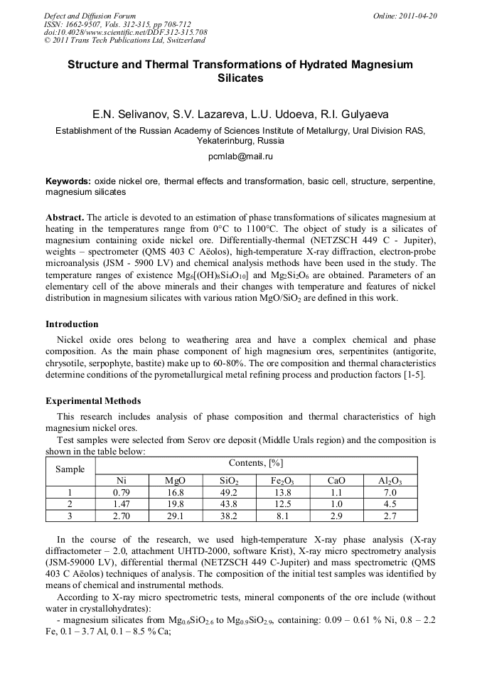 Structure and Thermal Transformations of Hydrated Magnesium Silicates ...