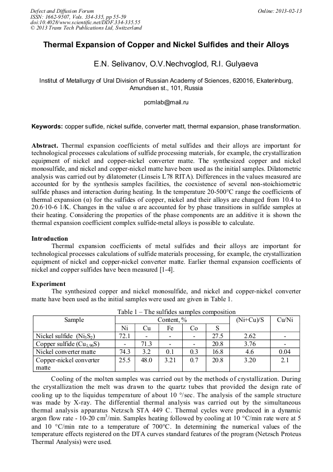 Thermal Expansion of Copper and Nickel Sulfides and their Alloys ...