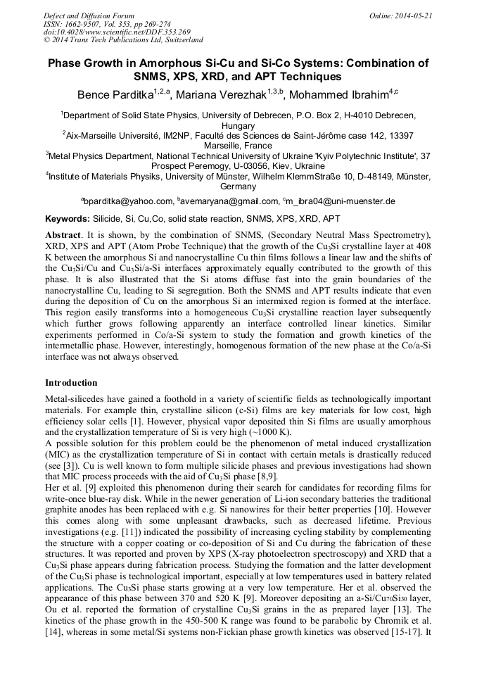 Phase Growth in Amorphous Si-Cu and Si-Co Systems: Combination of SNMS ...