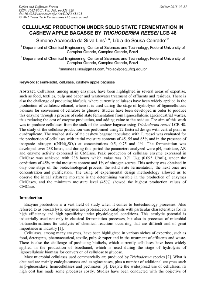 Cellulase Production under Solid State Fermentation in Cashew Apple Bagasse by Trichoderma ...