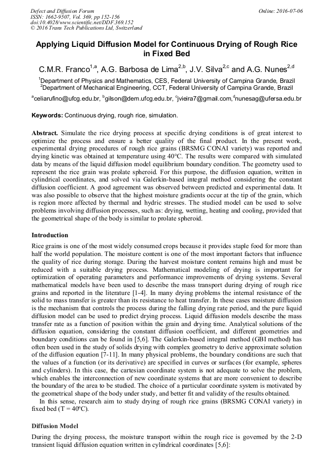 Applying Liquid Diffusion Model for Continuous Drying of Rough Rice in ...