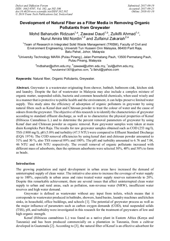 Development of Natural Fiber as a Filter Media in Removing Organic ...