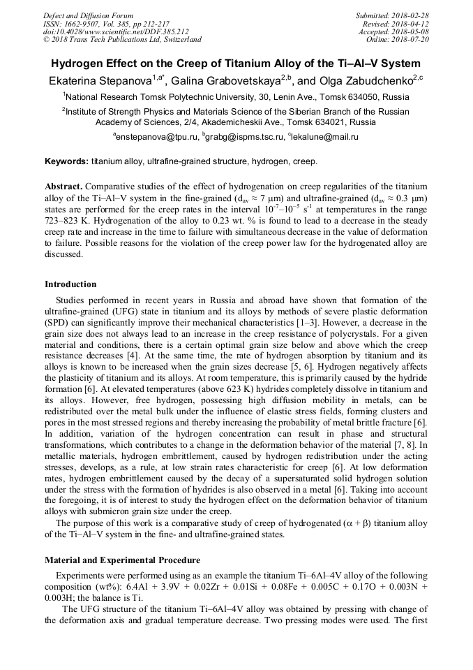 Hydrogen Effect on the Creep of Titanium Alloy of the Ti-Al-V System ...
