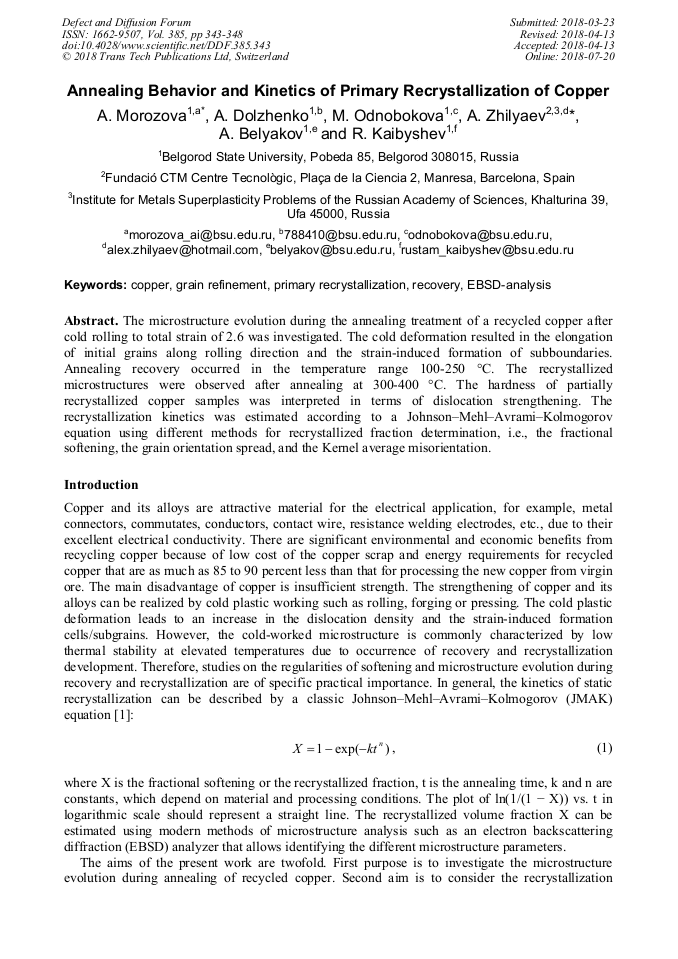 Annealing Behavior and Kinetics of Primary Recrystallization of Copper ...