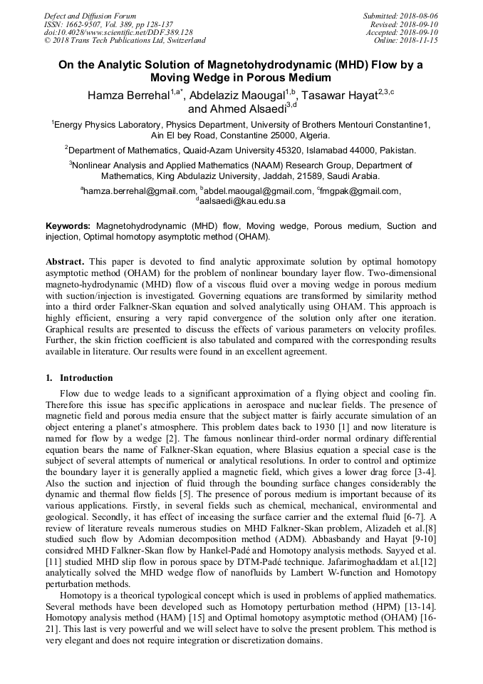 On the Analytic Solution of Magnetohydrodynamic (MHD) Flow by a Moving ...
