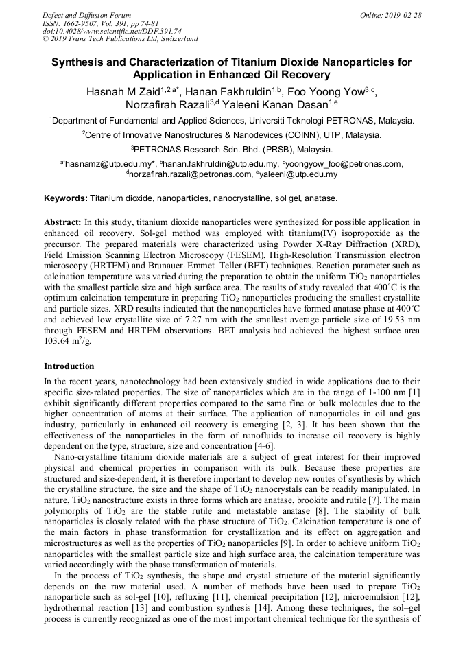 Synthesis and Characterization of Titanium Dioxide Nanoparticles for ...