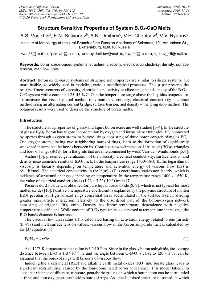 Structure Sensitive Properties of System B2O3- CaO Melts | Scientific.Net