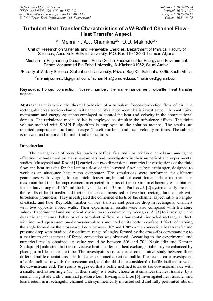 Turbulent Heat Transfer Characteristics of a W-Baffled Channel Flow ...