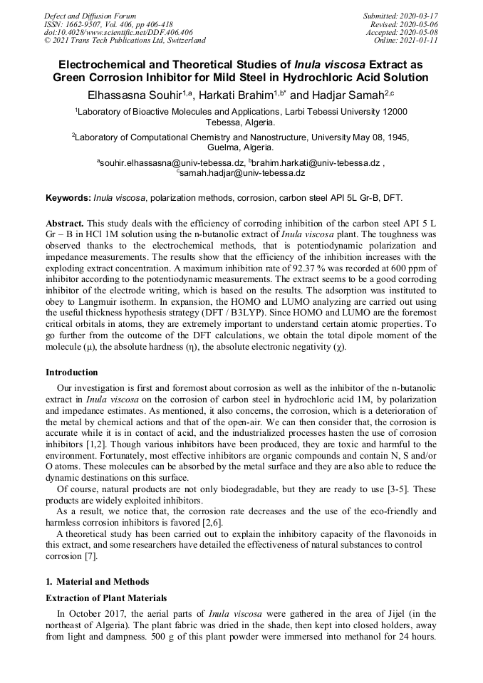 Electrochemical and Theoretical Studies of Inula viscosa Extract as ...