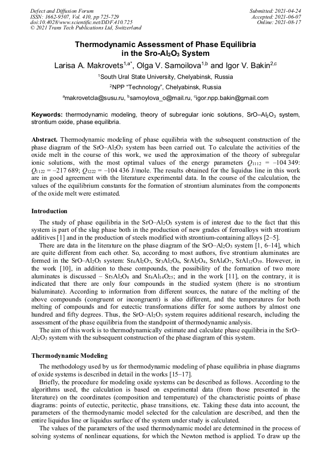 Thermodynamic Assessment of Phase Equilibria in the SrO-Al2O3 System ...