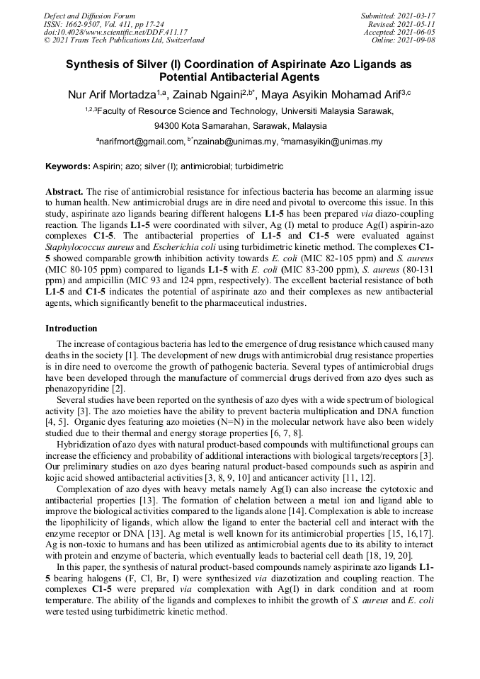 Synthesis of Silver (I) Coordination of Aspirinate Azo Ligands as ...