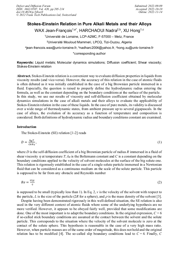 Stokes-Einstein Relation in Pure Alkali Metals and their Alloys ...