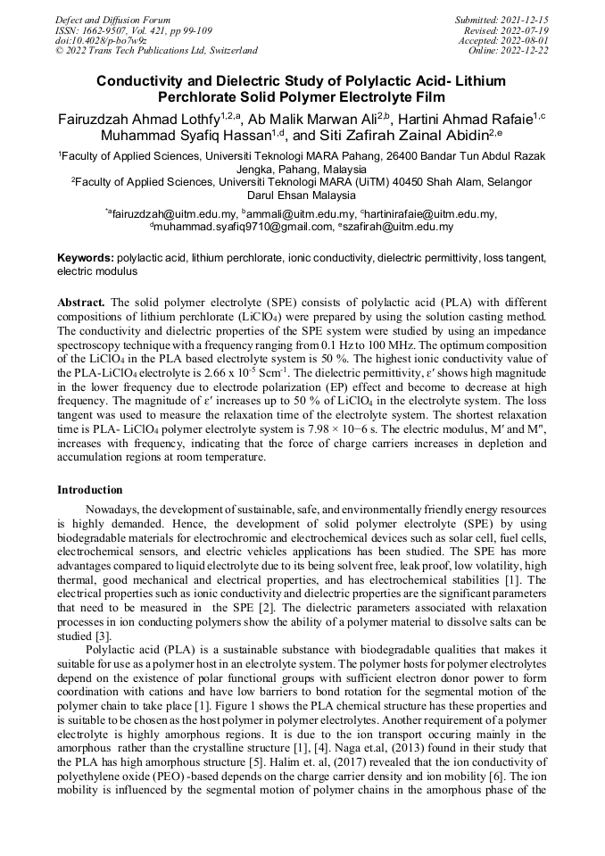 Conductivity and Dielectric Study of Polylactic Acid- Lithium ...