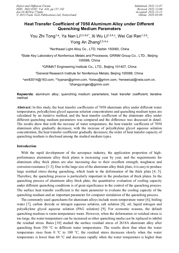 Heat Transfer Coefficient of 7050 Aluminum Alloy under Different ...