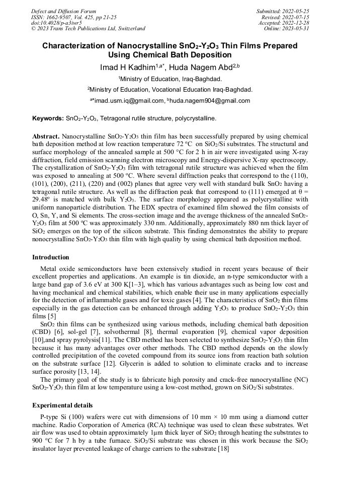 Characterization of Nanocrystalline SnO2-Y2O3 Thin Films Prepared Using ...