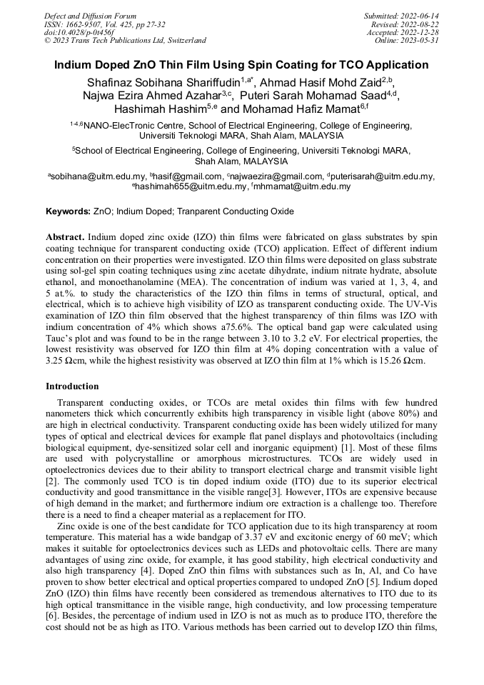 Indium Doped ZnO Thin Film Using Spin Coating for TCO Application ...