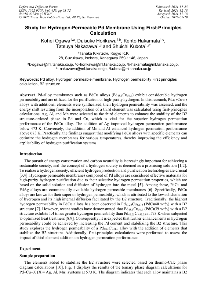 Study for Hydrogen-Permeable Pd Membrane Using First-Principles ...