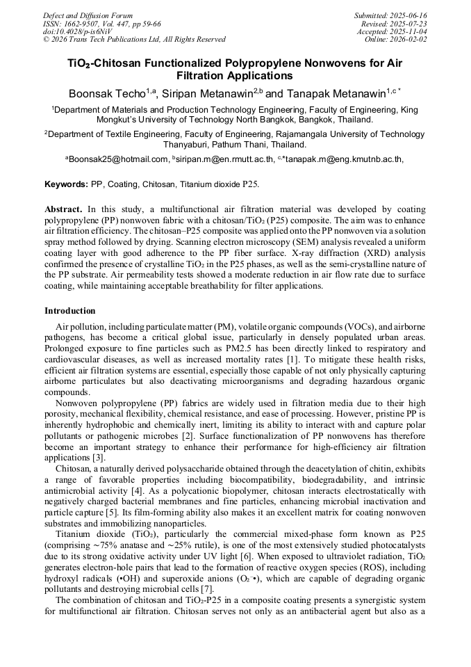 TiO₂-Chitosan Functionalized Polypropylene Nonwovens for Air Filtration ...