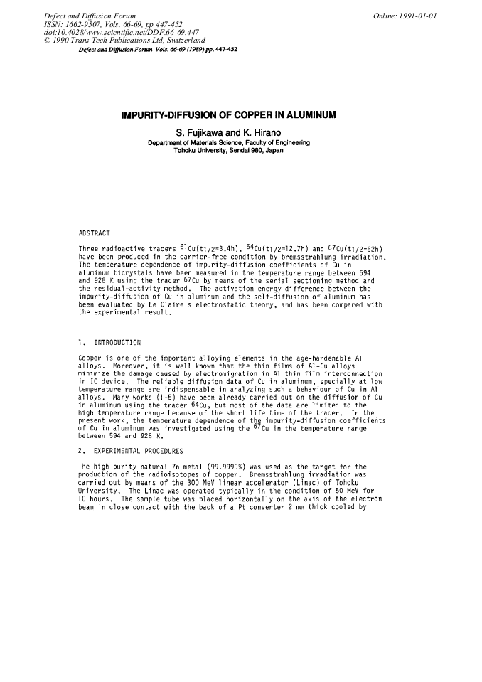 Impurity-Diffusion of Copper in Aluminum | Scientific.Net