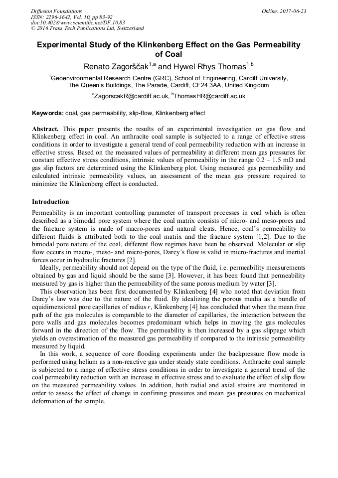 Experimental Study of the Klinkenberg Effect on the Gas Permeability of ...