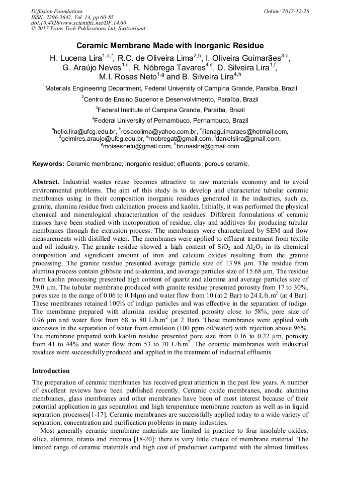 Ceramic Membrane Made with Inorganic Residue | Scientific.Net