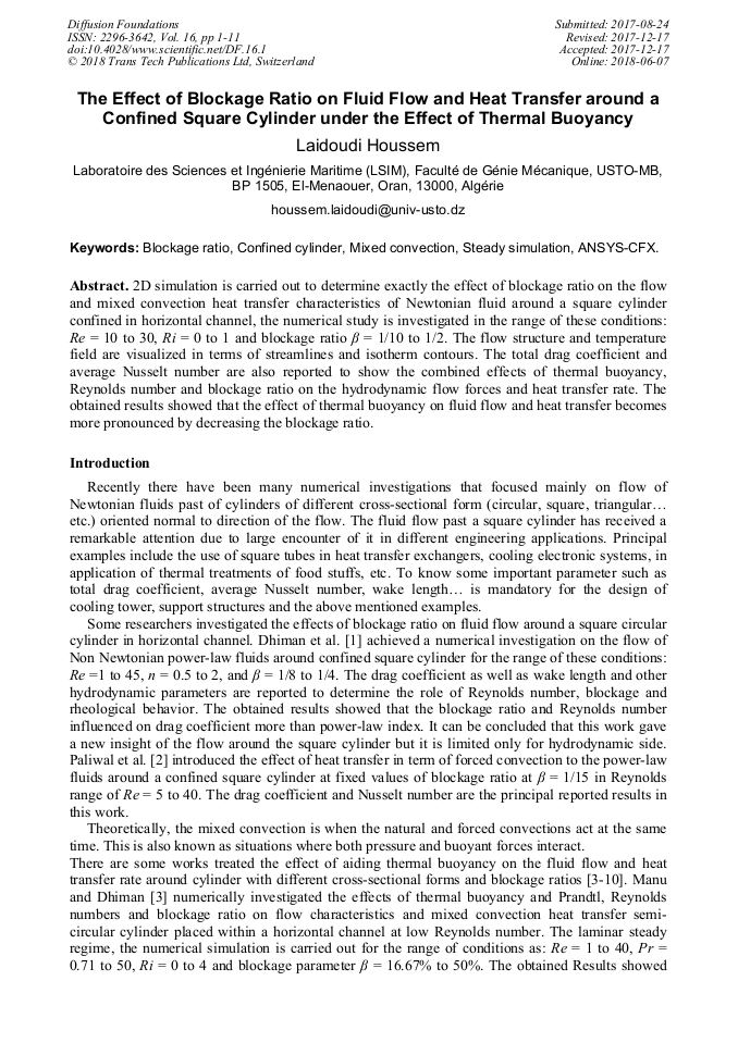The Effect of Blockage Ratio on Fluid Flow and Heat Transfer around a ...