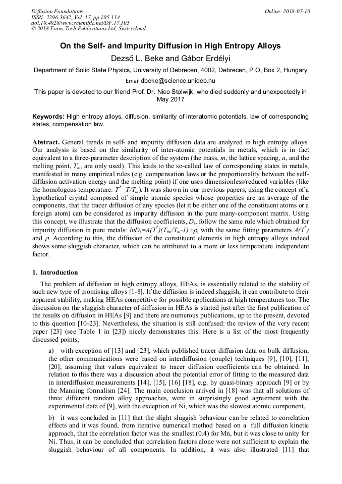 On the Self - and Impurity Diffusion in High Entropy Alloys | Scientific.Net